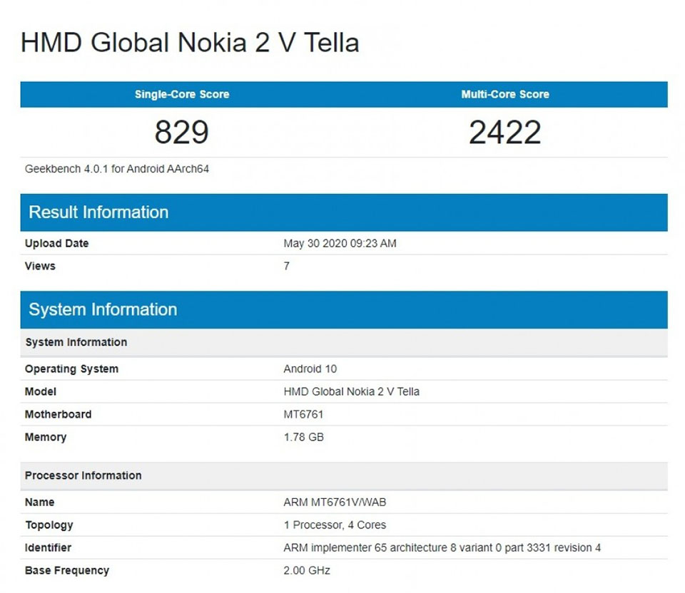 Nokia 2V Tella bất ngờ lộ cấu hình trên Geekbench với chip MediaTek ...