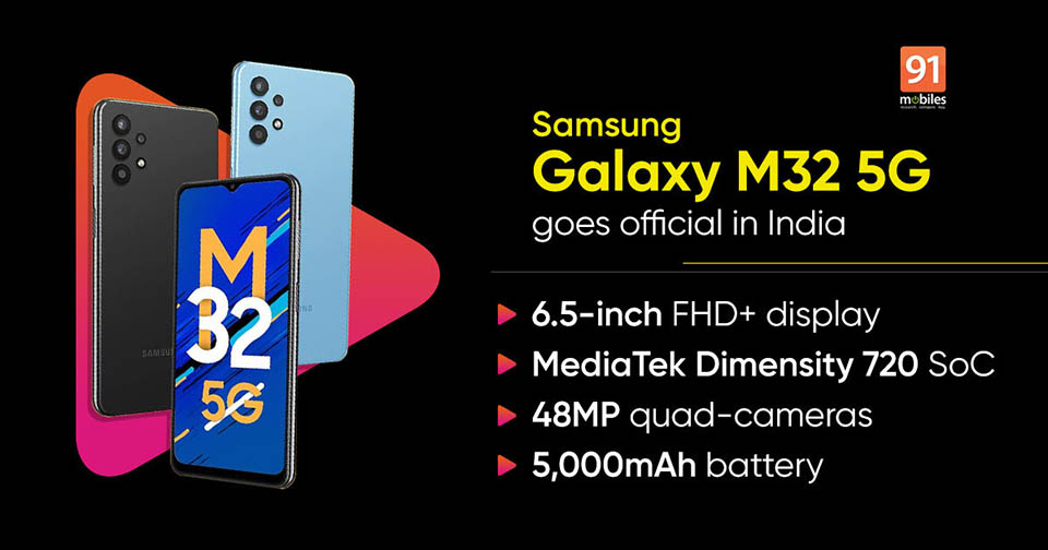 Galaxy M32 5G ra mắt: Chip Dimensity 720, pin 5000 mAh và camera 48MP, giá 6.4 triệu đồng