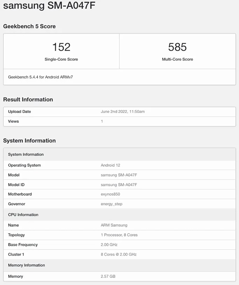 Galaxy A04s lộ hiệu năng khá tốt trên Geekbench với chip Exynos 850