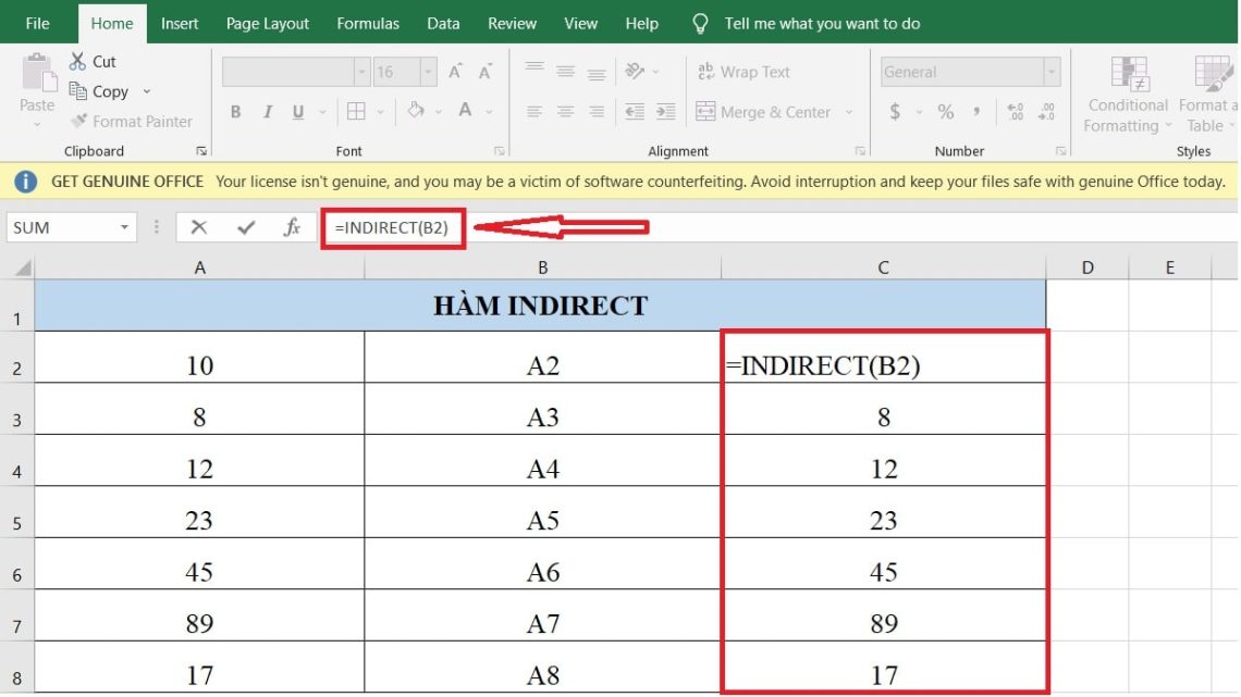 Cách sử dụng hàm INDIRECT trong Excel để tham chiếu giá trị