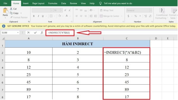 Cách sử dụng hàm INDIRECT trong Excel để tham chiếu giá trị