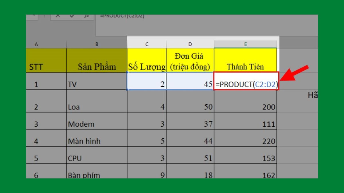 Cách sử dụng hàm PRODUCT nhân các giá trị trong Excel