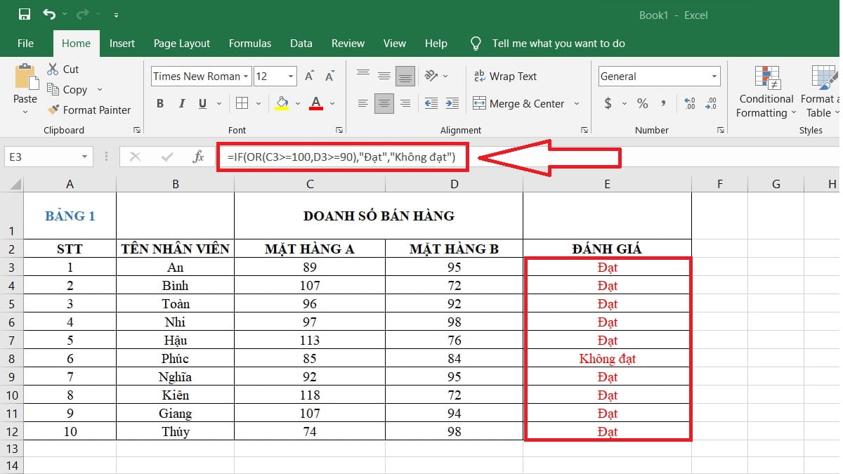 Cách sử dụng hàm OR trong Excel kết hợp kiểm tra điều kiện