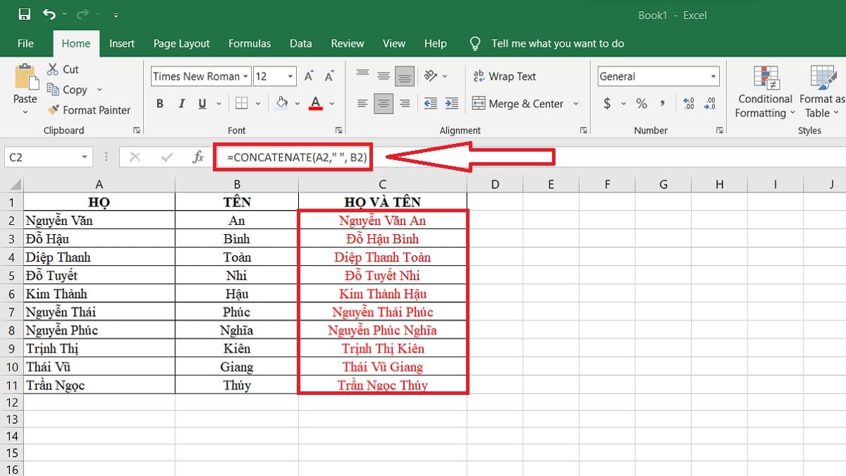 Cách sử dụng hàm CONCATENATE nối nhiều chuỗi trong Excel