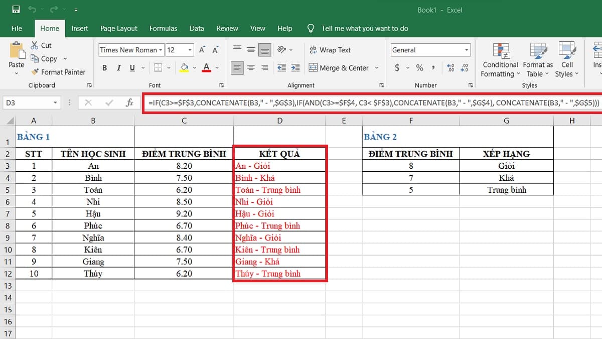 Cách sử dụng hàm CONCATENATE nối nhiều chuỗi trong Excel