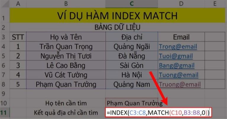 Cách kết hợp hàm INDEX và MATCH trong Excel nhiều điều kiện