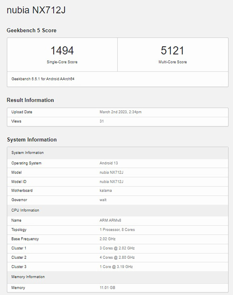 Nubia Z50 Ultra với chip Snapdragon 8 Gen 2 lộ điểm hiệu năng cực khủng trên Geekbench