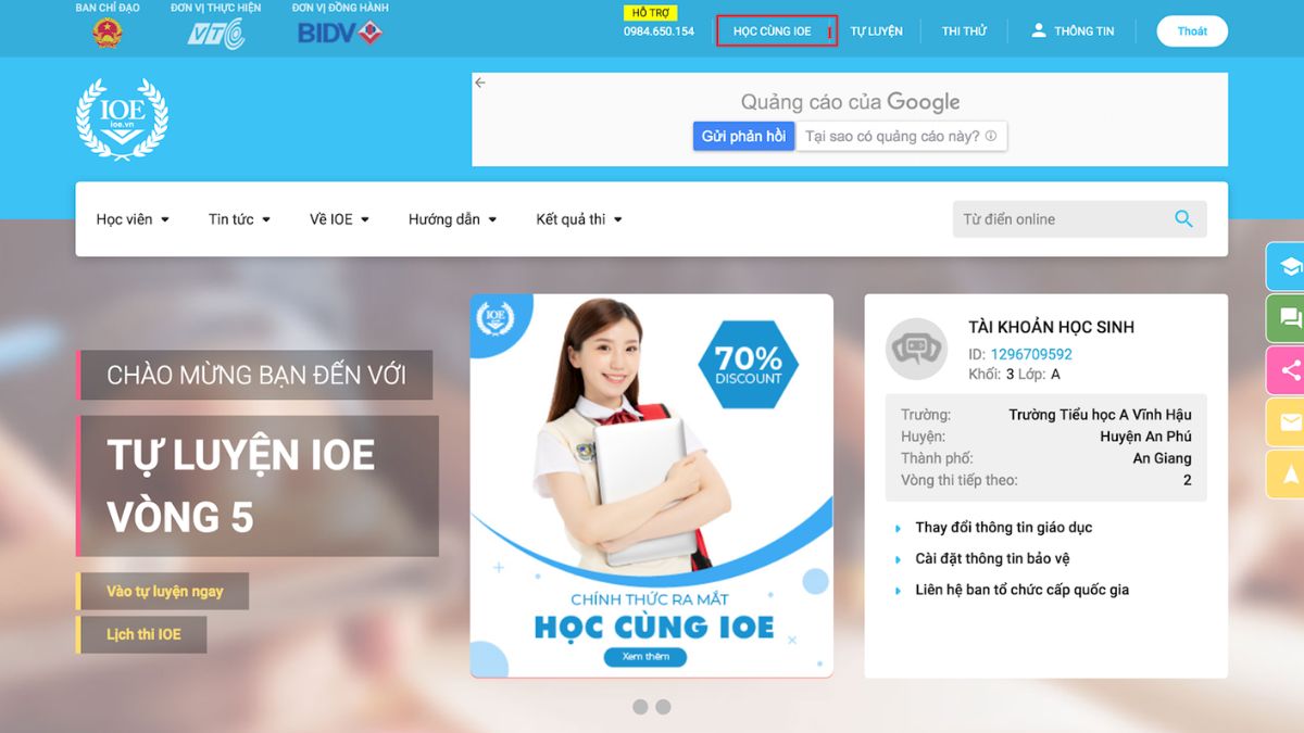 Cách sử dụng IOE để học tập, thi tiếng Anh cho học sinh