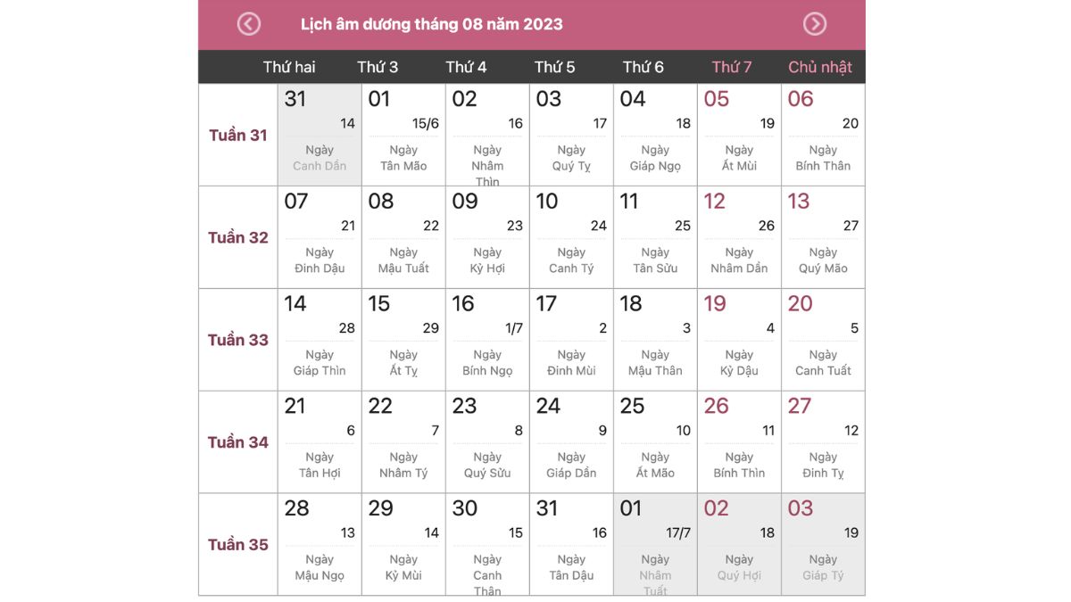 Xem lịch âm tháng 8 năm 2023 - Lịch Vạn niên tháng 8