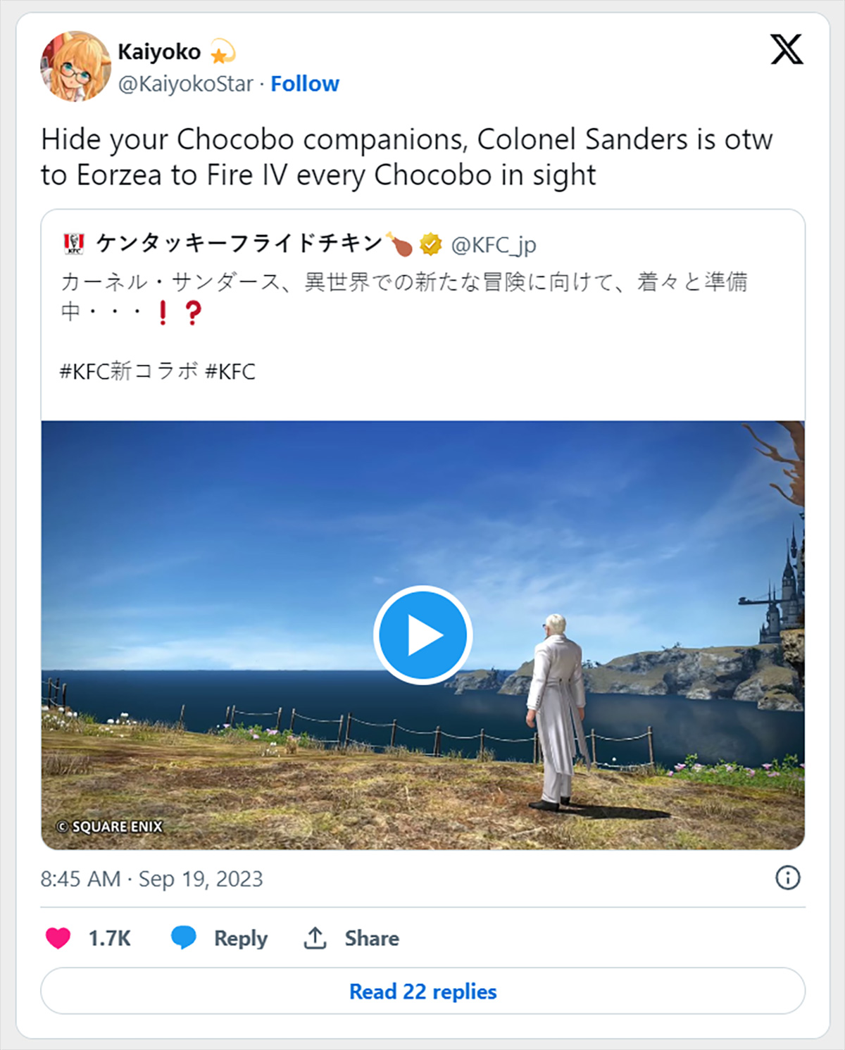 Cụ tổ gà rán KFC xuất hiện trong Final Fantasy XIV, game thủ hết dám cưỡi Chocobo