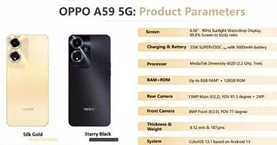 Rò rỉ thông tin OPPO A59 5G: Chip Dimensity 6020, pin 5000 mAh, camera kép 13MP, giá từ 4.39 triệu