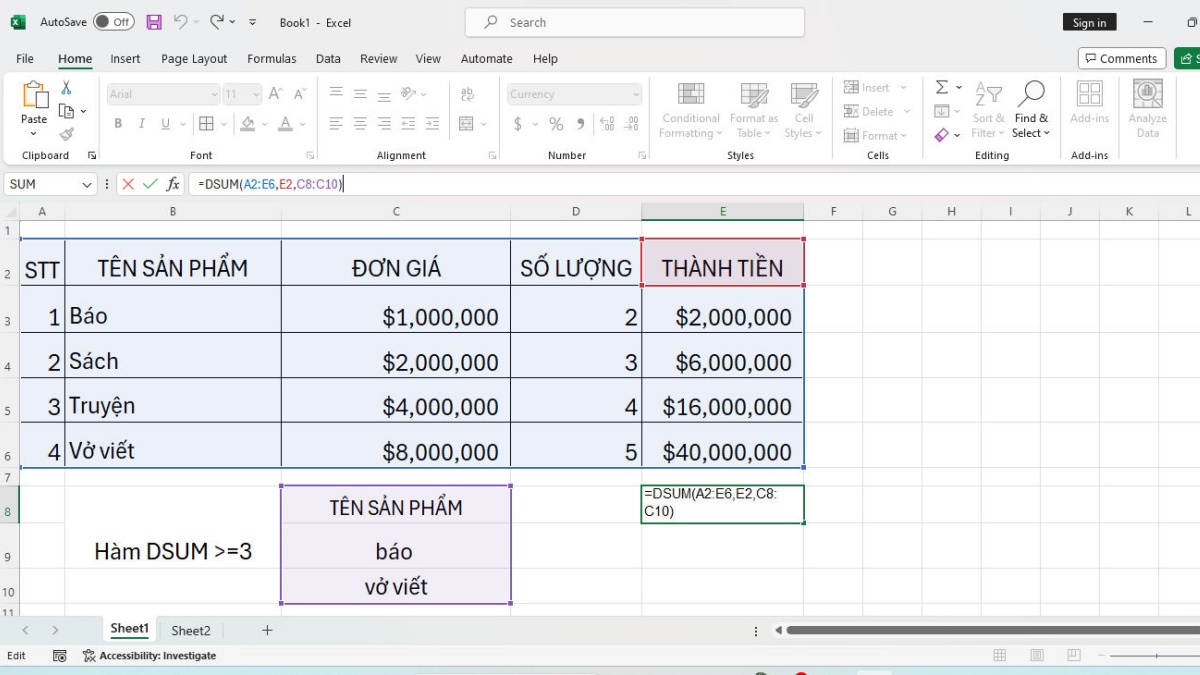 Cách sử dụng hàm DSUM trong Excel để tính tổng có điều kiện